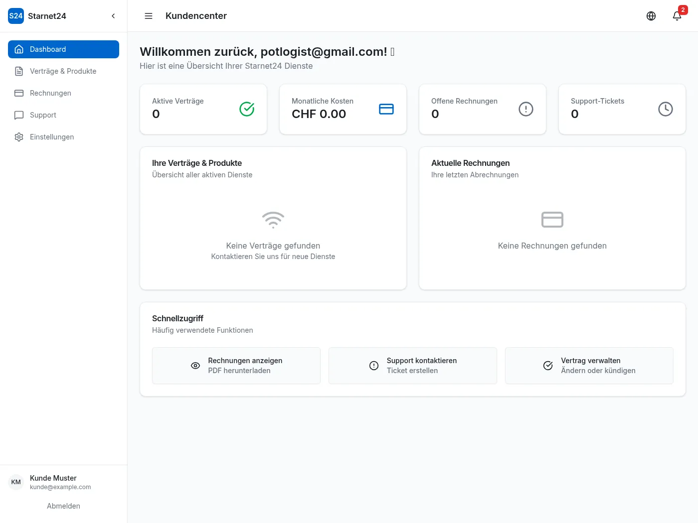 Starnet24 Kundencenter – Kompaktes SaaS-Kundenportal für Schweizer ISP-Dienste