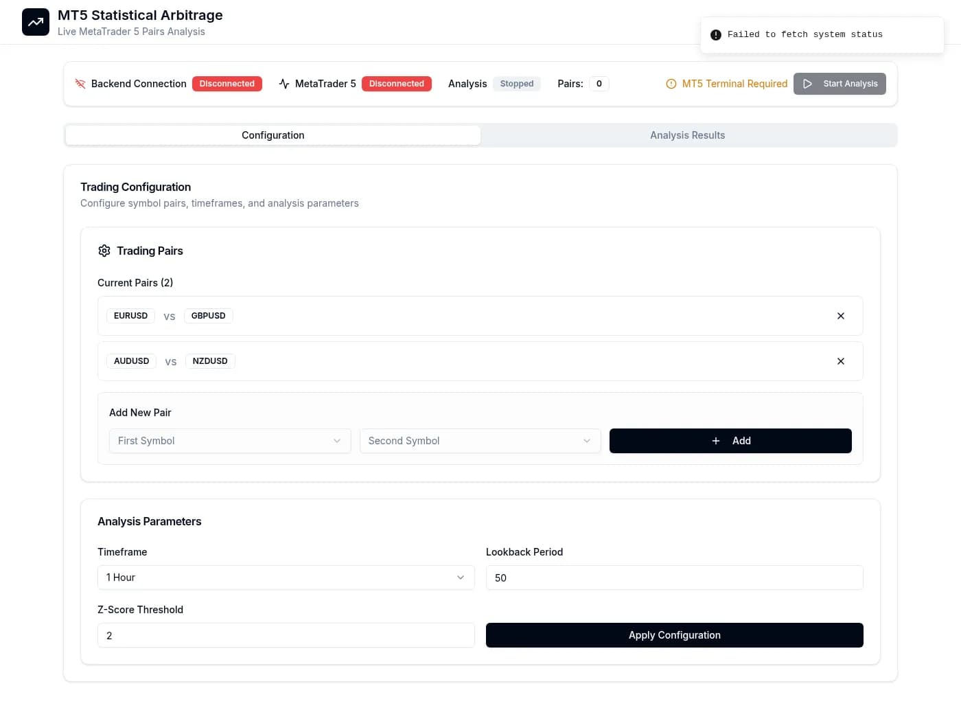 Statistical Arbitrage Python Tool for MetaTrader 5 Pairs Trading