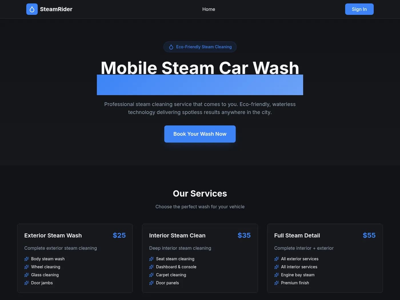 SteamRider Car Wash Web App