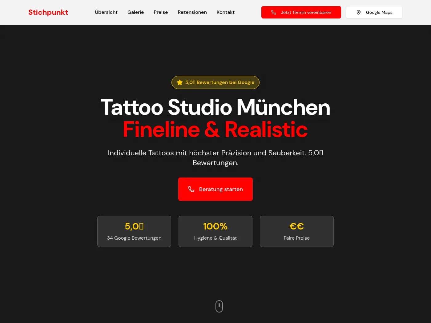 Stichpunkt Tattoo Studio Website – Fineline & Realistic Tattoos in München