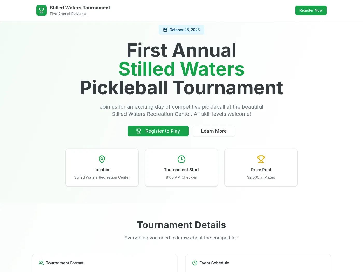First Annual Stilled Waters Pickleball Tournament Website
