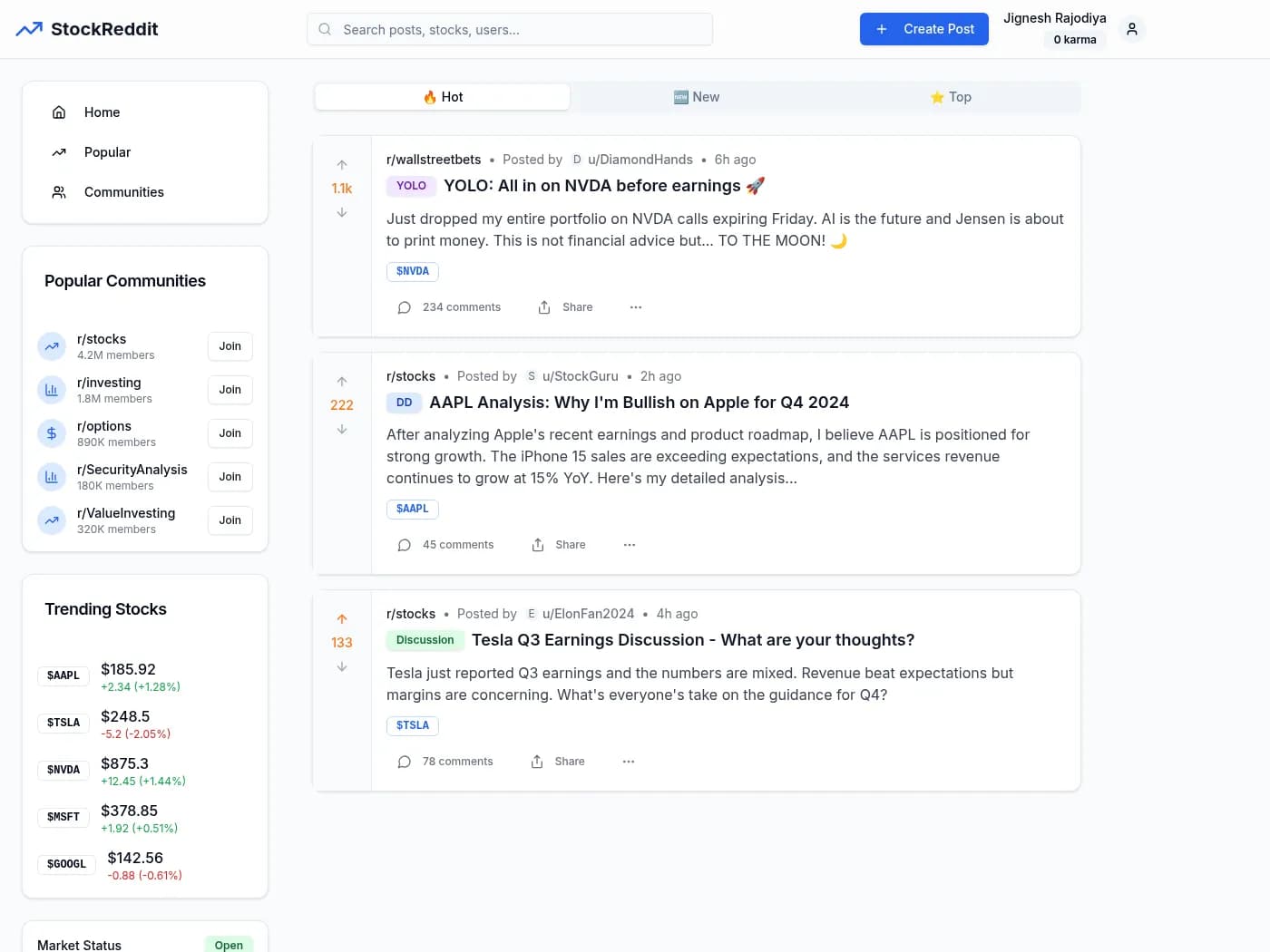 StockMarket Reddit - Financial Discussion Platform
