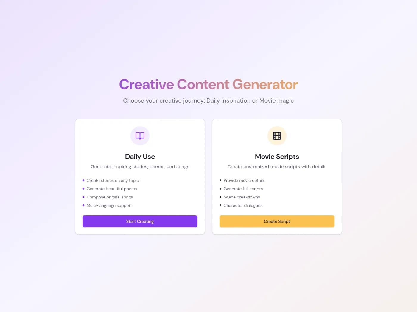Story, Poem, and Song Generator with Movie Script Customization and Multi-language Support