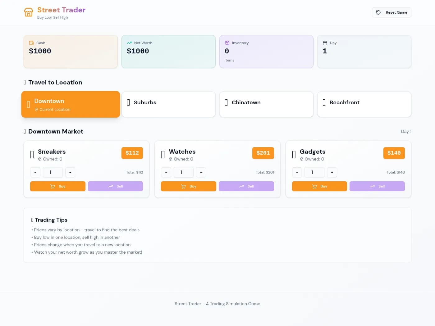 Street Trader: Buy & Sell Game Web App