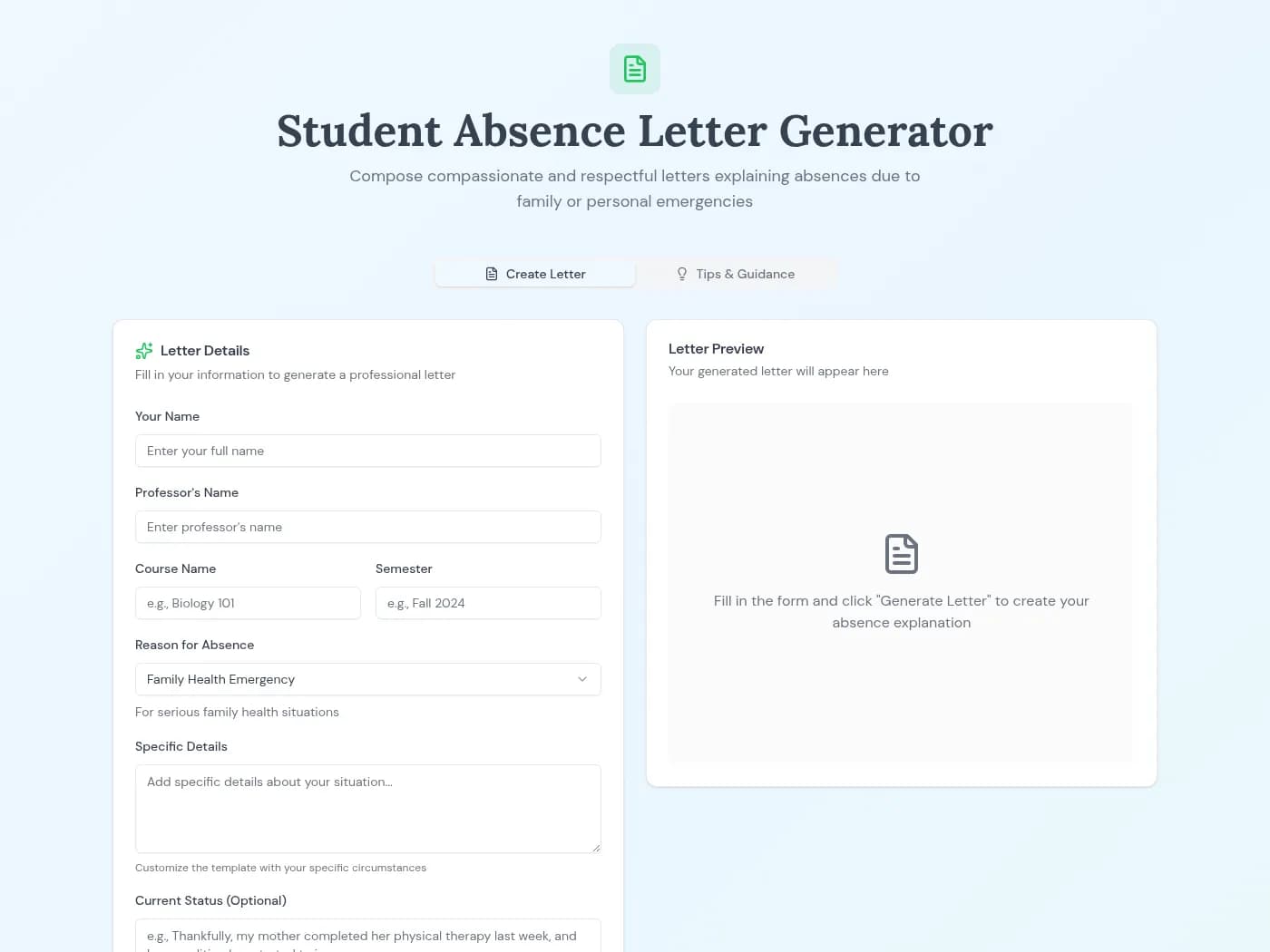 Student Absence Explanation Letter Generator
