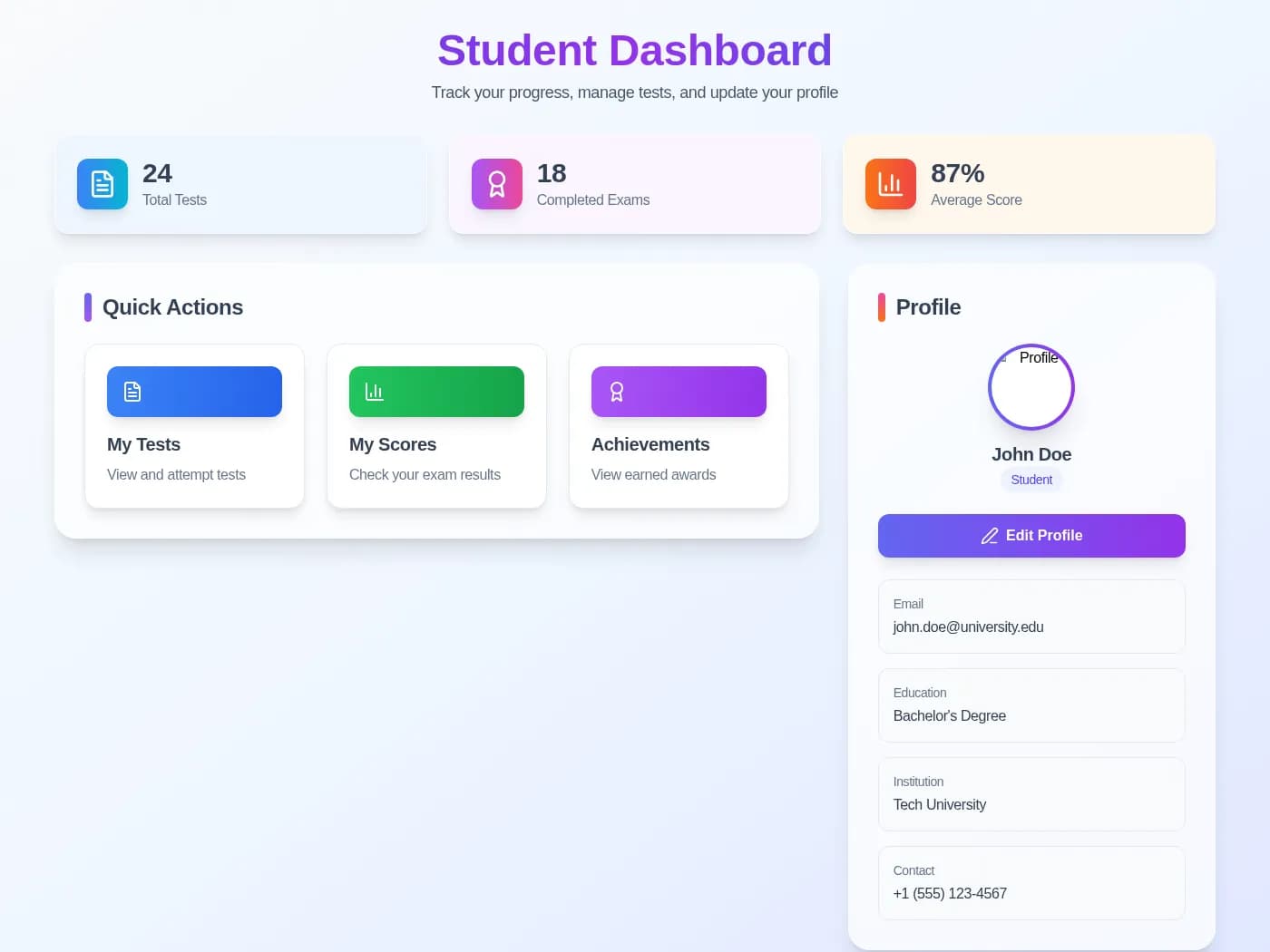 Student Dashboard with Enhanced Quick Actions and Profile Section