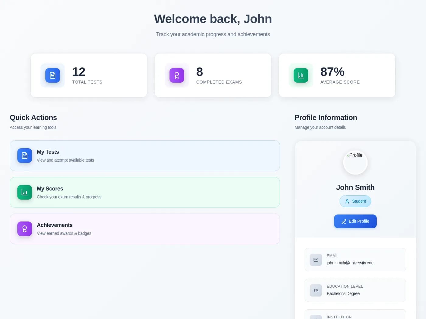 Student Dashboard with Enhanced Quick Actions and Profile Experience
