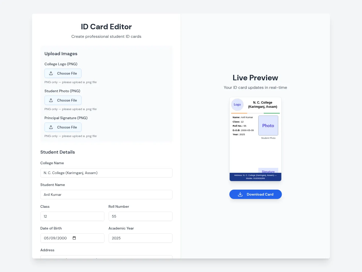 Student ID Card Generator Web App