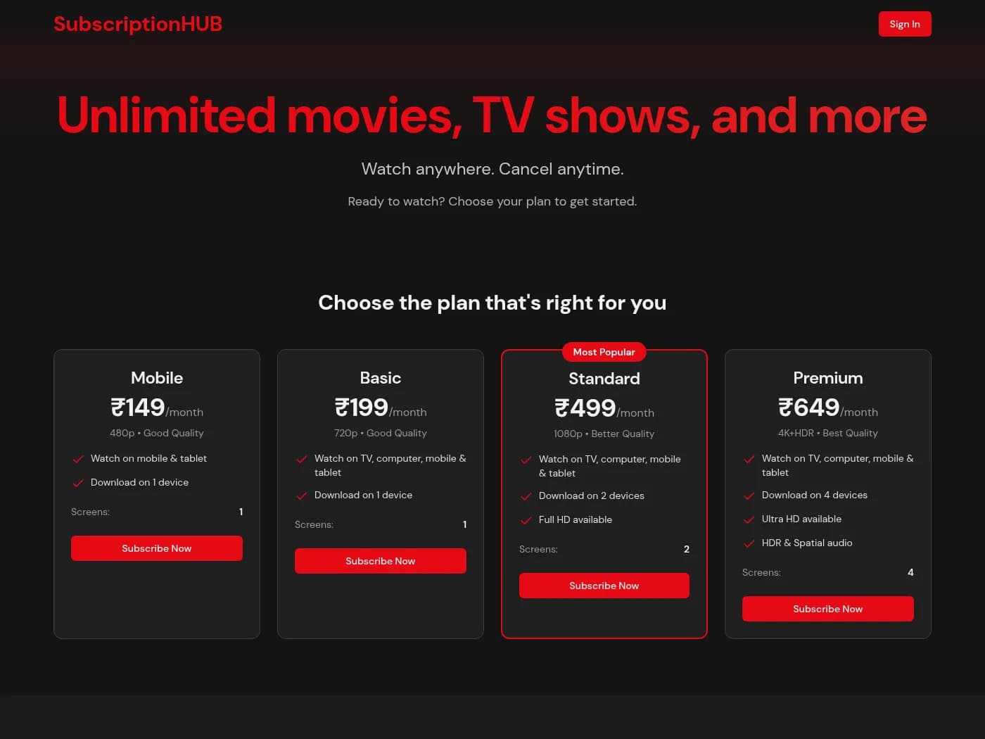 SubscriptionHUB: Creative Netflix-Style Subscription Management Website