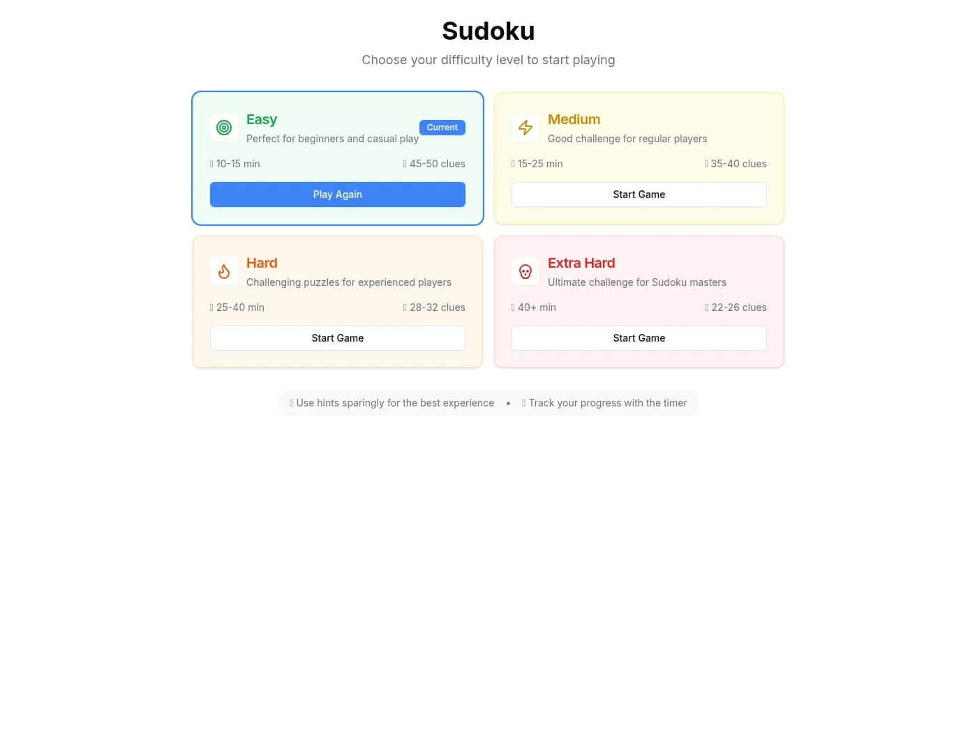 Sudoku Game with Multiple Difficulty Levels