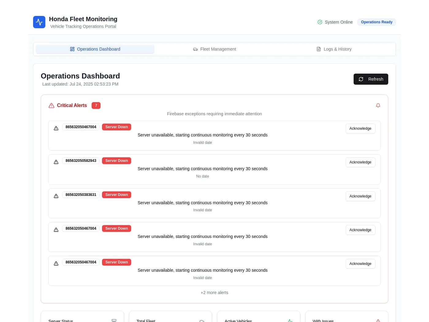 Supabase-Powered Server Health & Device Monitoring Dashboard for Vehicle Tracking