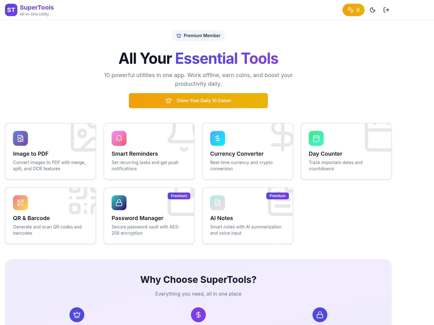 SuperTools – The Ultimate 10-in-1 Utility Web App with Free, Premium, and Gamified Coin Rewards
