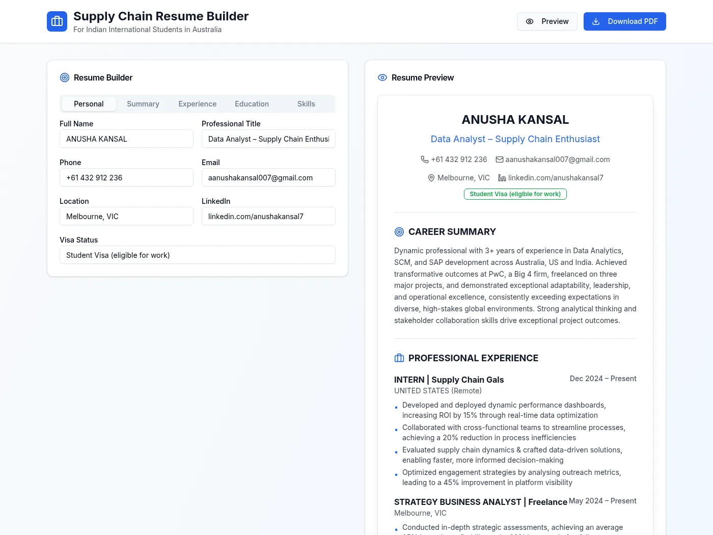 Supply Chain Analyst Resume Builder for Indian International Students