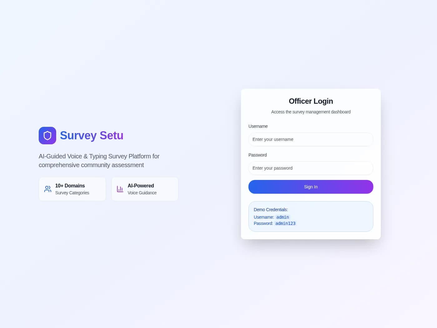 Survey Setu: AI-Guided Voice & Typing Survey Platform