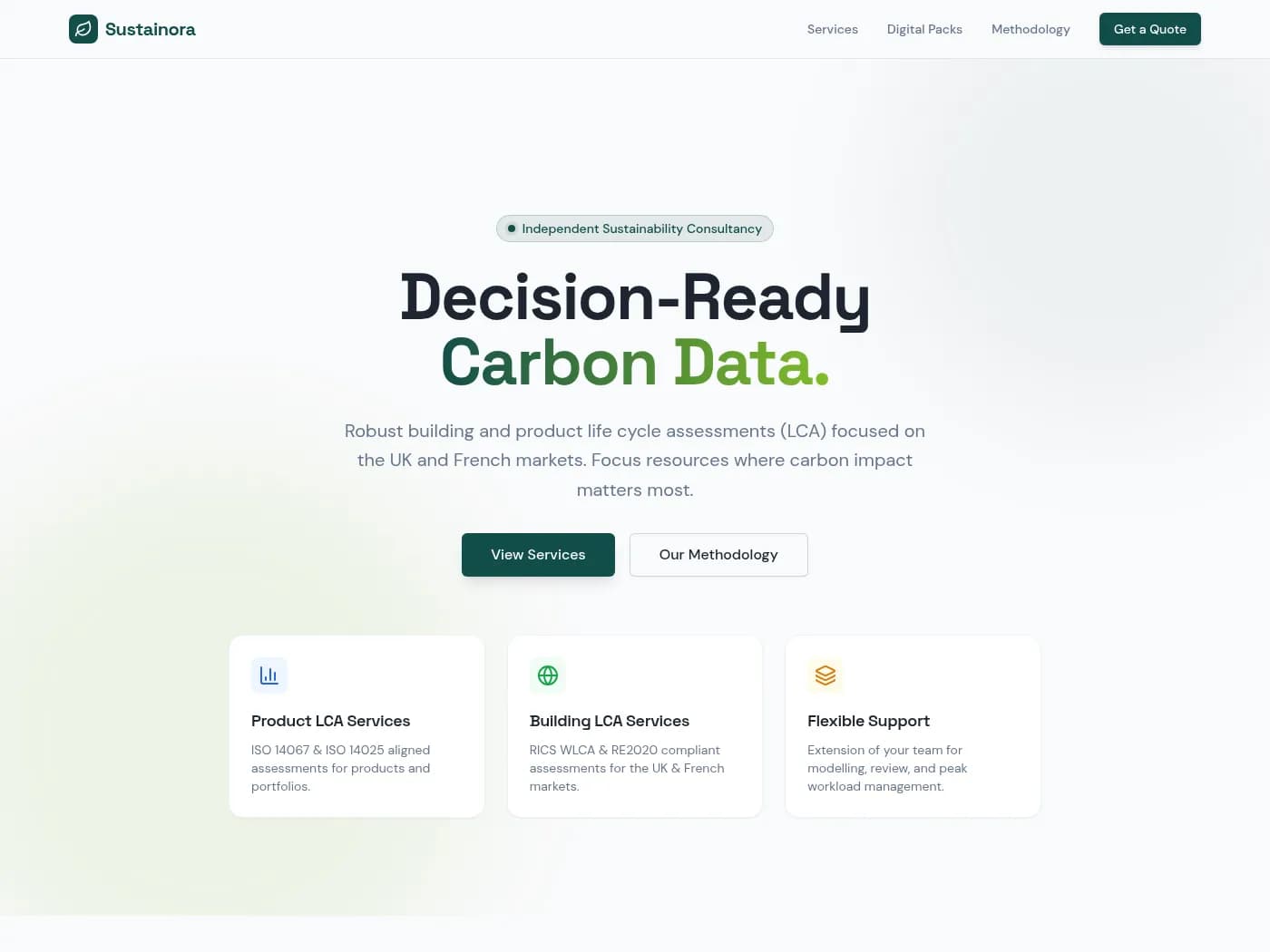 Sustainora AI Landing Page Builder for Sustainability LCA Services