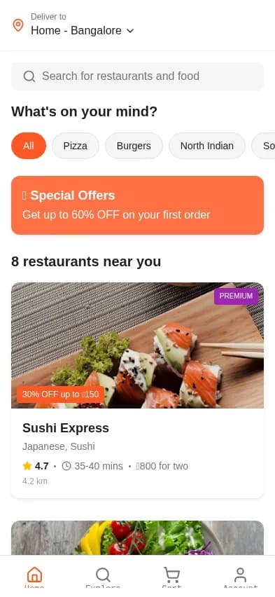 Swiggy-Inspired Food Delivery App with Custom Tabs