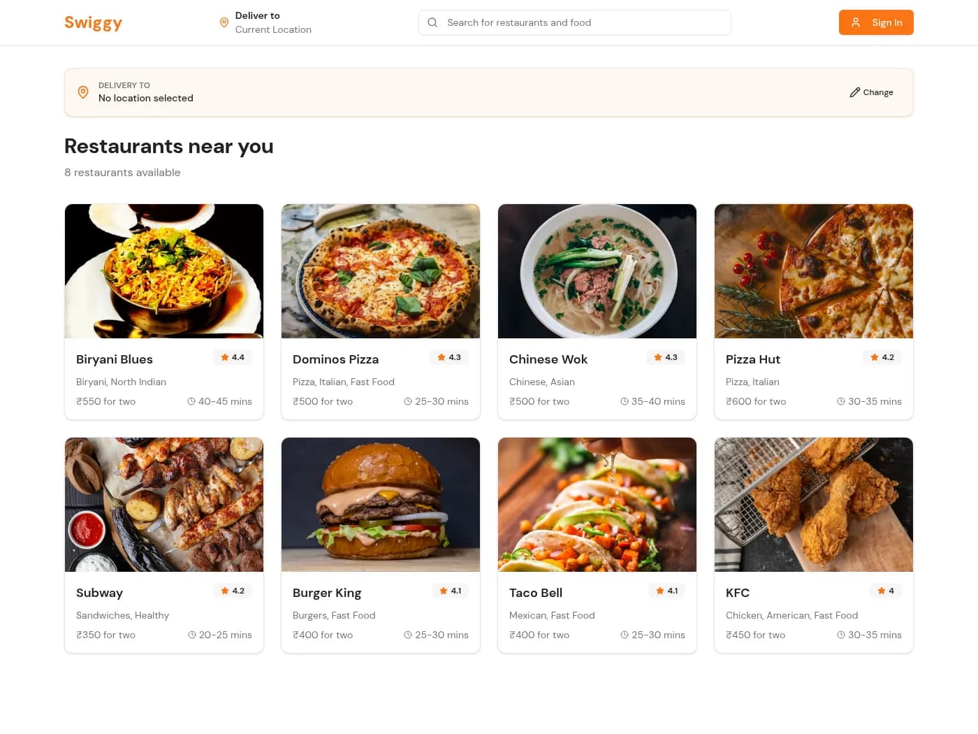 Swiggy Web App Clone