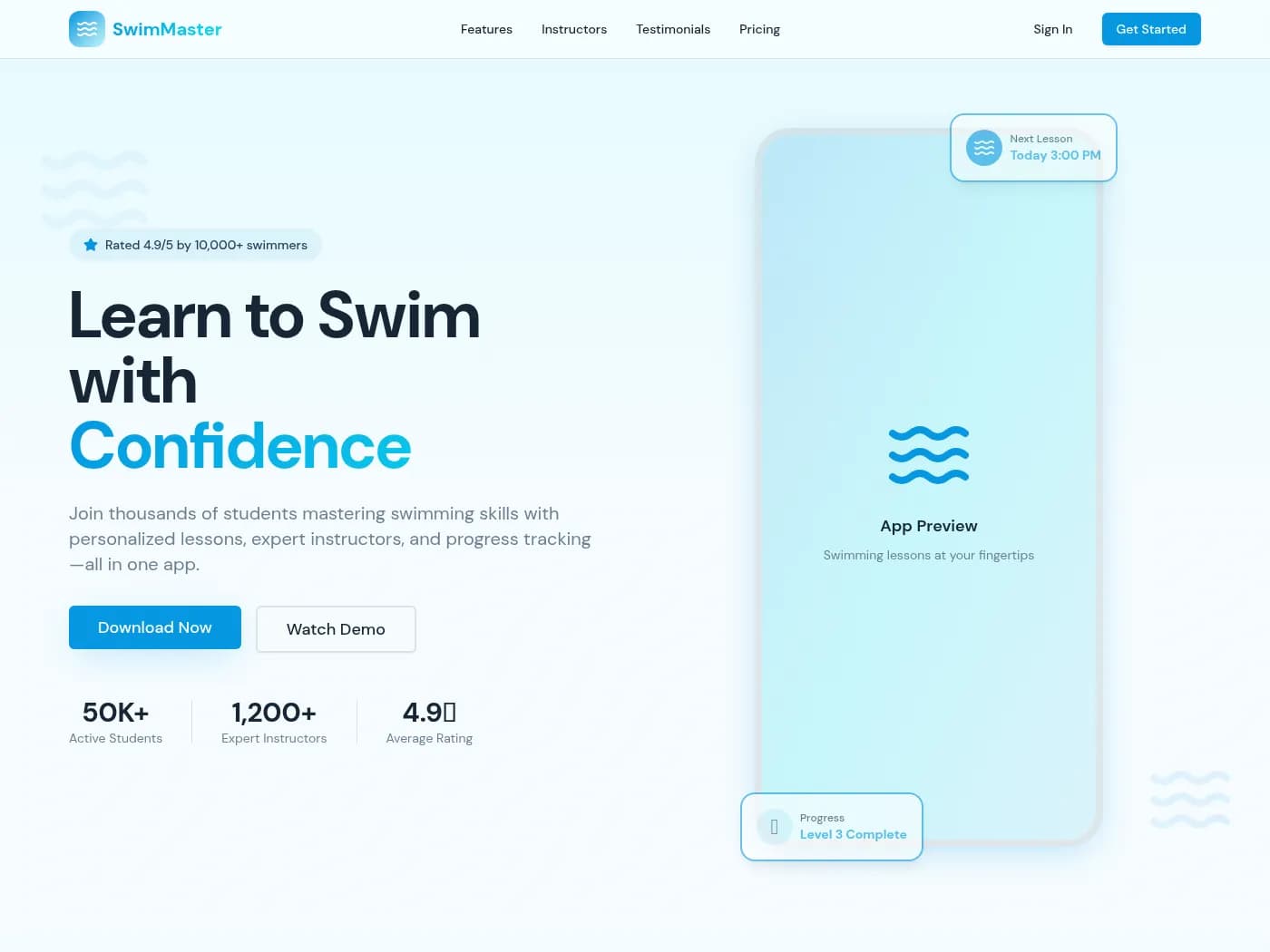 Landing Page for Swimming Lessons Mobile App