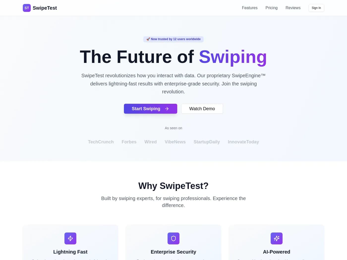 SwipeTest: The Ultimate Fake Startup Landing Page