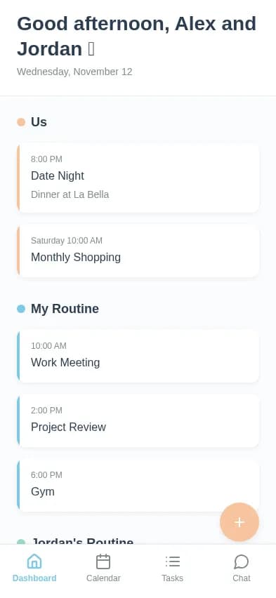 Sync: Couple & Family Organizer Mobile App Dashboard UI