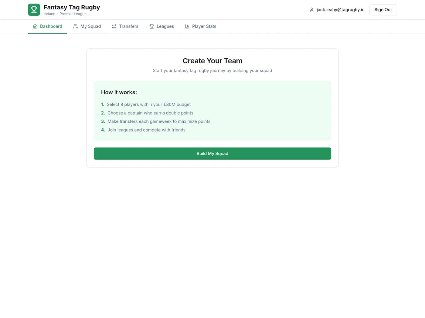 Tag Rugby Fantasy League Platform for Ireland