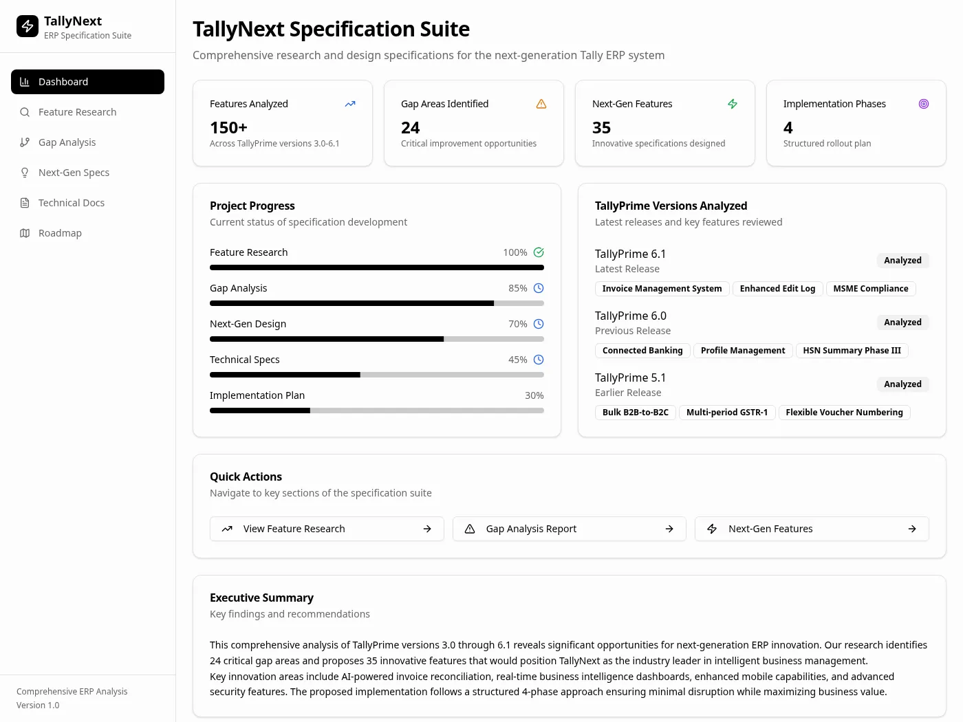 TallyNext: Intelligent ERP Feature Specification Suite