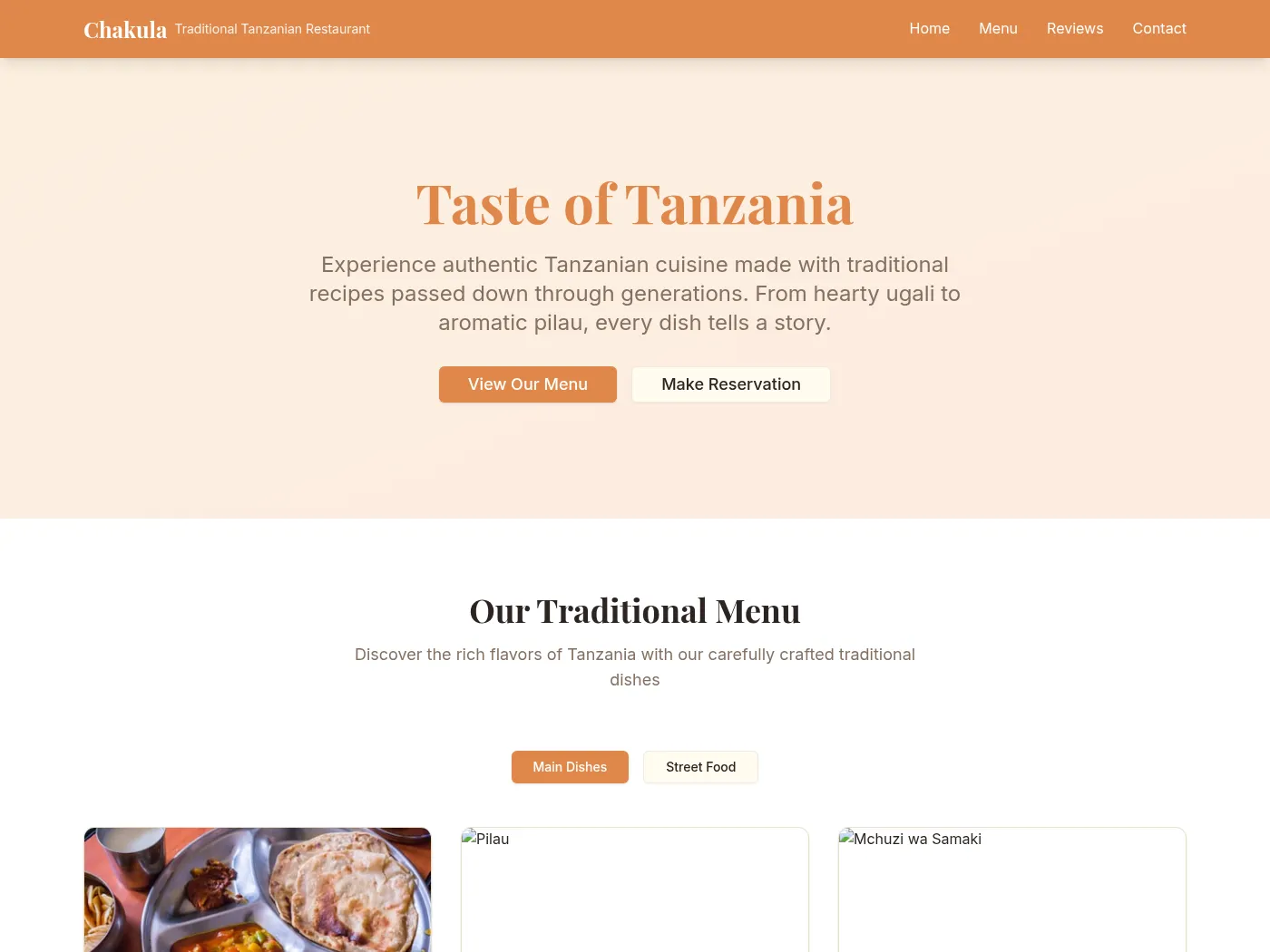 Tanzanian Restaurant Website & Online Menu