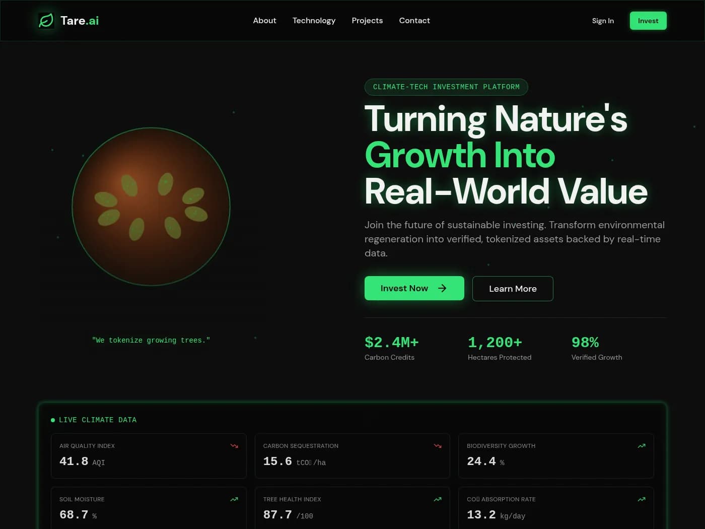 Tare.ai Futuristic Homepage for Sustainable Climate-tech Investments