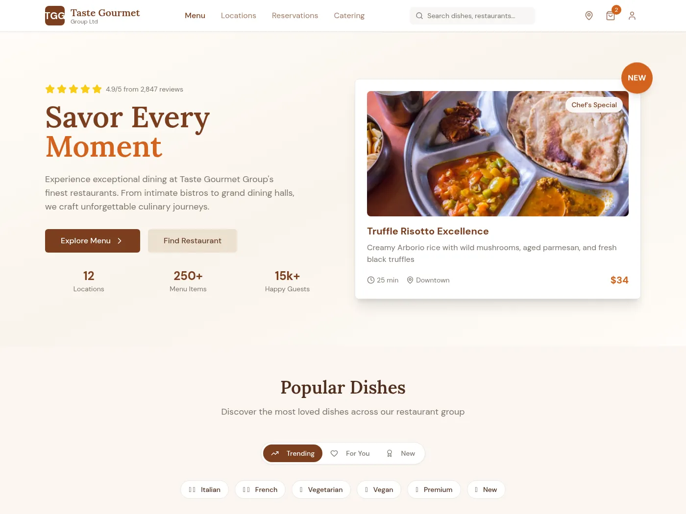 Taste Gourmet Group Restaurant App Interface