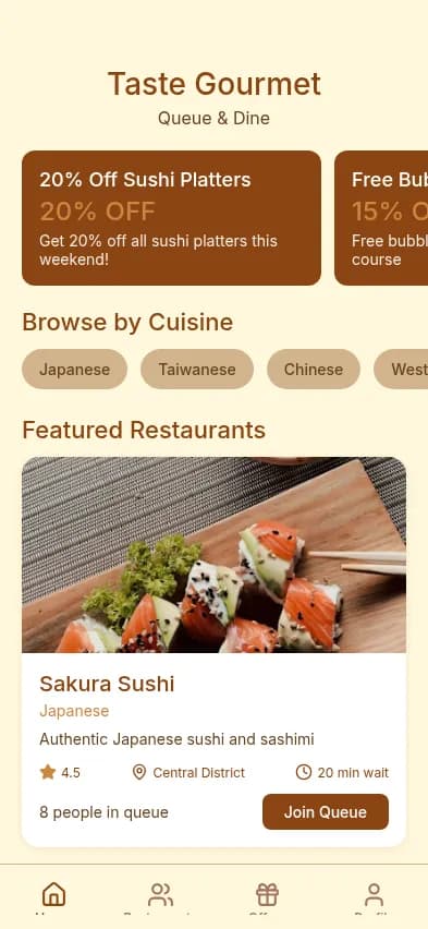 Taste Gourmet Queue & Promo App
