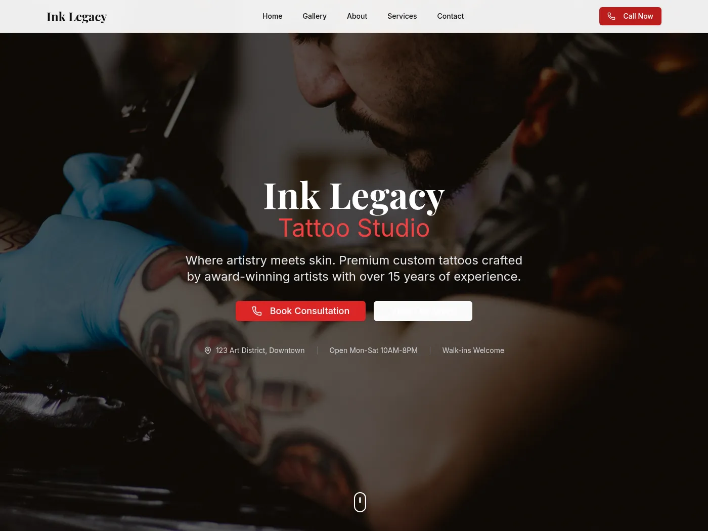 Tattoo Studio Showcase Website with Call Action and Premium Design