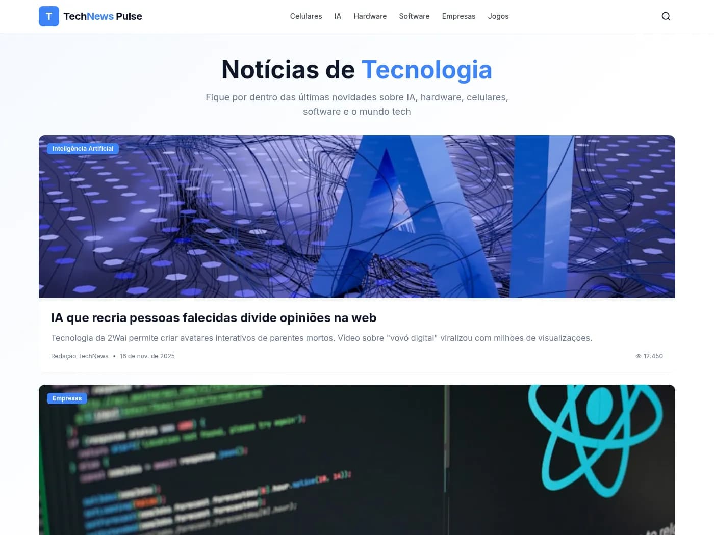 TechNews Pulse – Blog de Notícias de Tecnologia com Visual Moderno e Foco em IA, Hardware & Software
