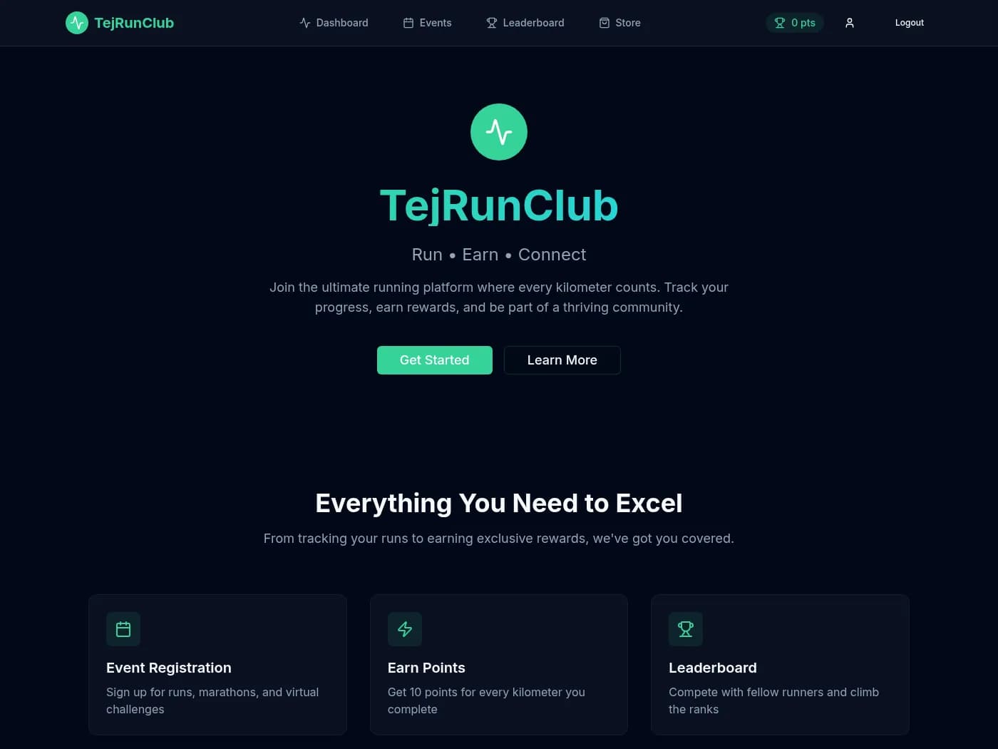 TejRunClub: Interactive Dark Mode Running Platform with Strava Integration & Admin Interface