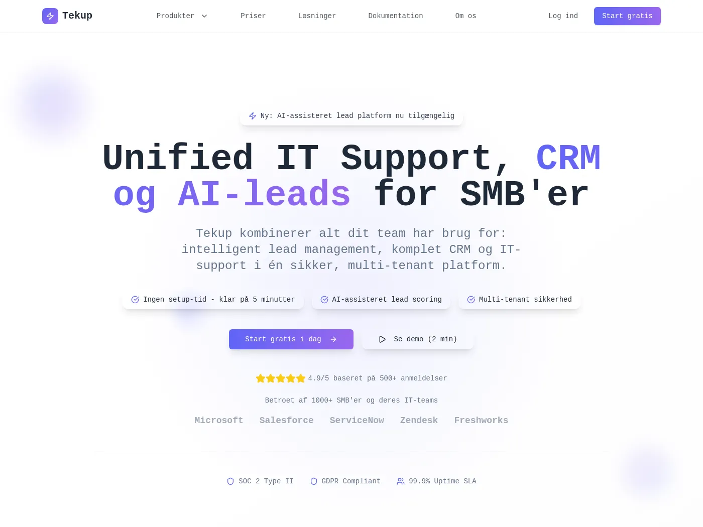 Tekup – Moderne, konverteringsfokuseret SaaS Website til SMB IT-support & Lead Platform