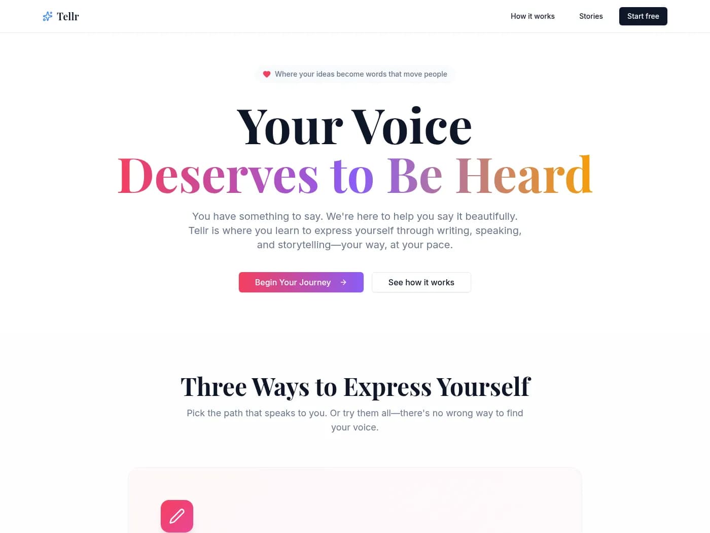 Tellr Creative Platform Landing Page