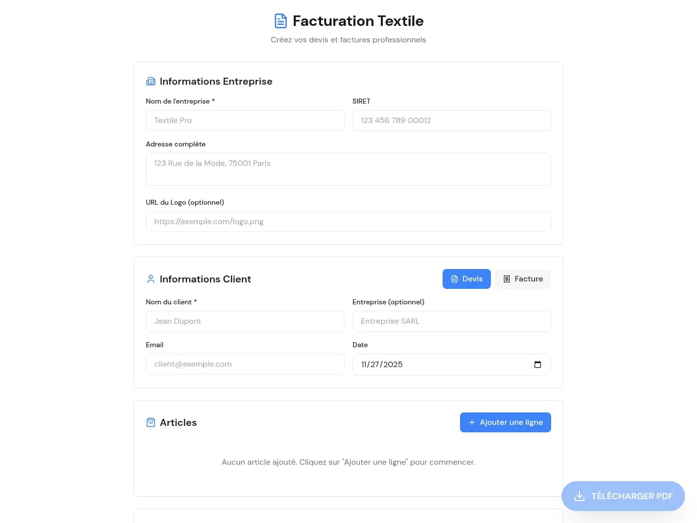 Textile Personalization Billing Web App (Mobile-First, Instant PDF, React/Tailwind)