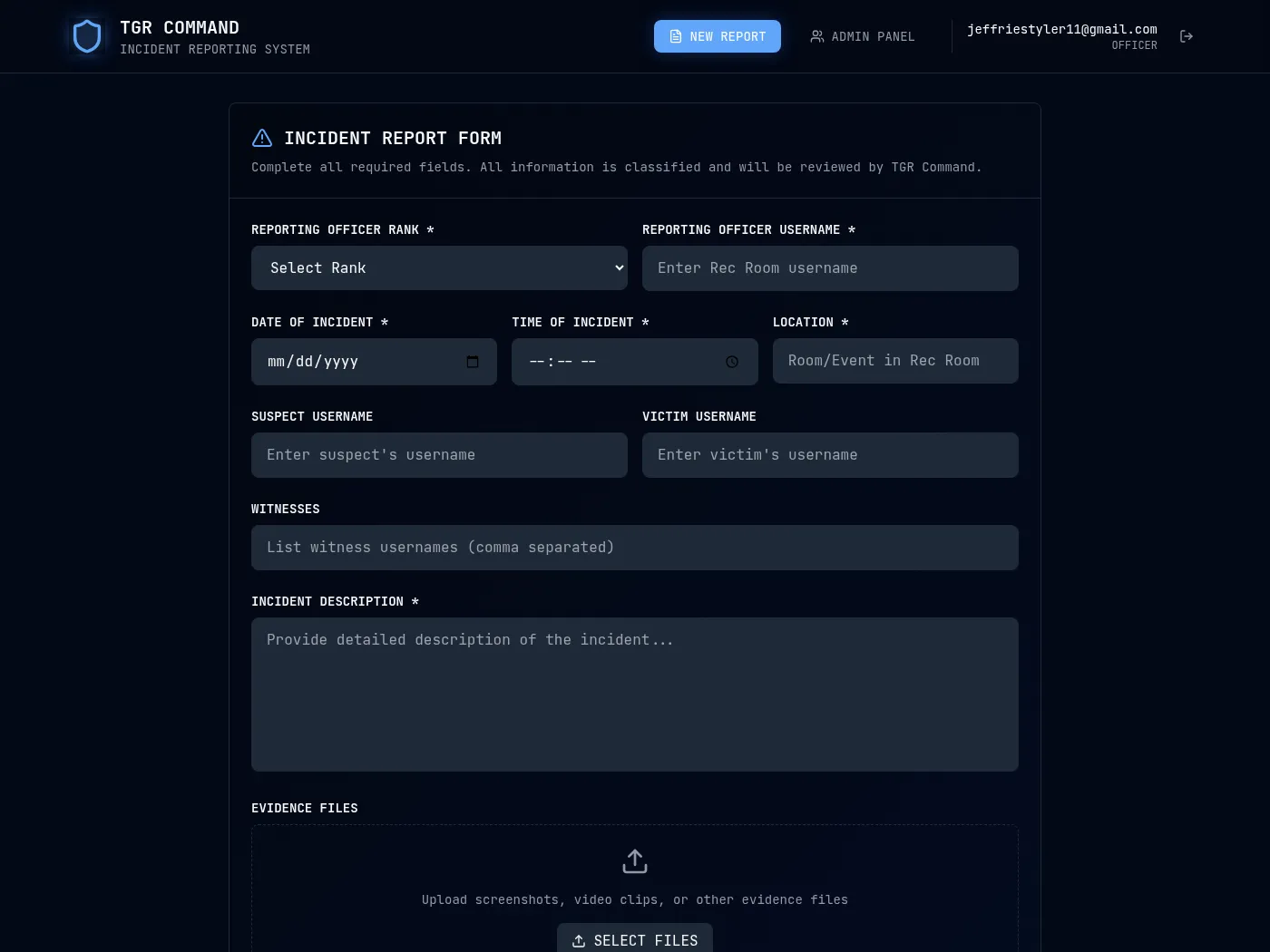TGR Military-Style Incident Reporting Portal for Rec Room