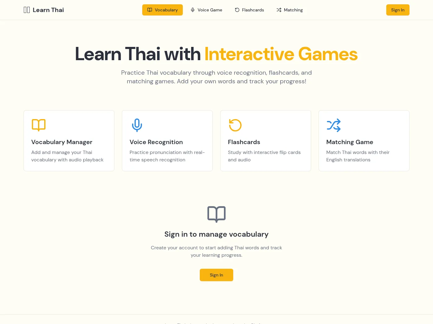 Thai Language Learning App with Interactive Games and Voice Recognition