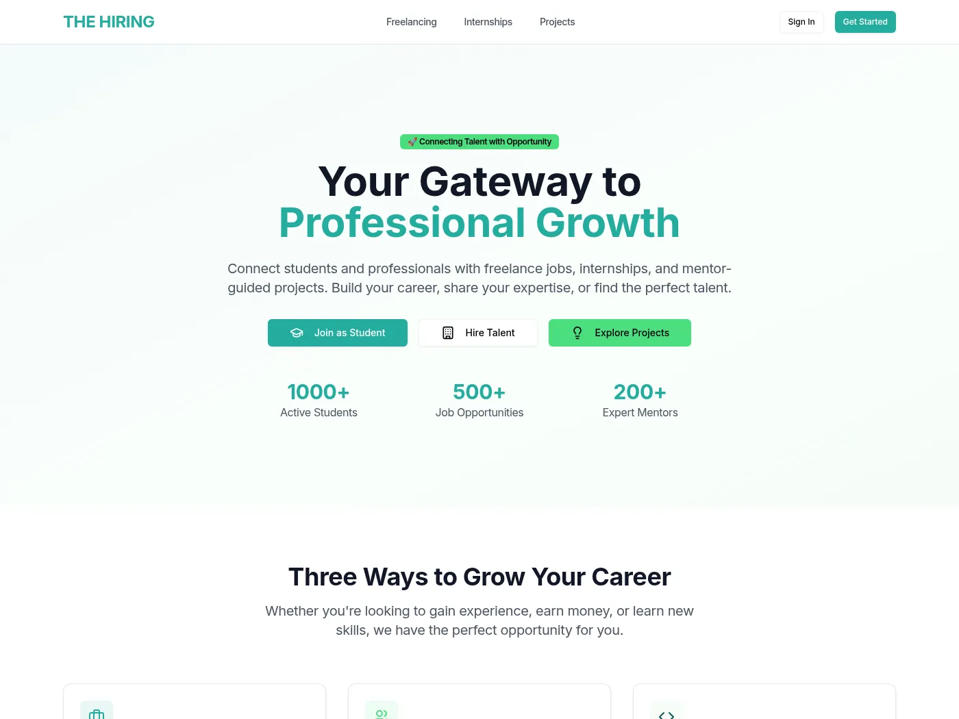 THE HIRING: Modern Platform Connecting Students & Professionals to Freelance Jobs, Internships, and Mentor-Guided Projects