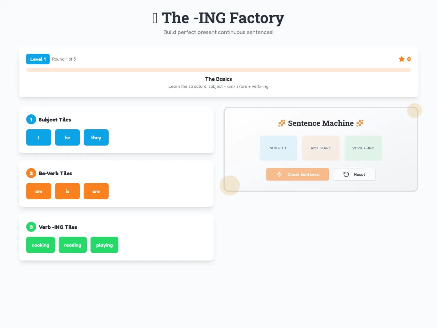 The -ING Factory: Present Continuous Sentence Builder Game
