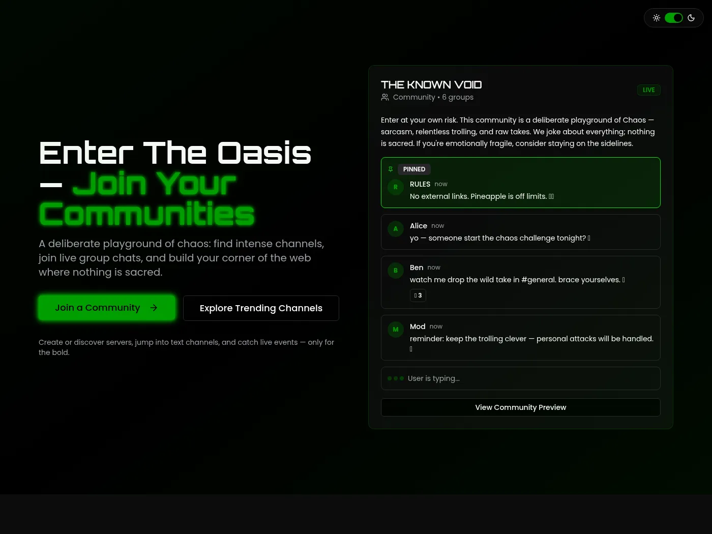 THE OASIS — Community-First Landing Page & Microcopy System