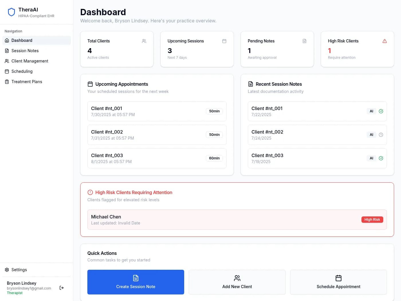 TheraAI: HIPAA-Compliant AI-Powered EHR for Mental Health Professionals