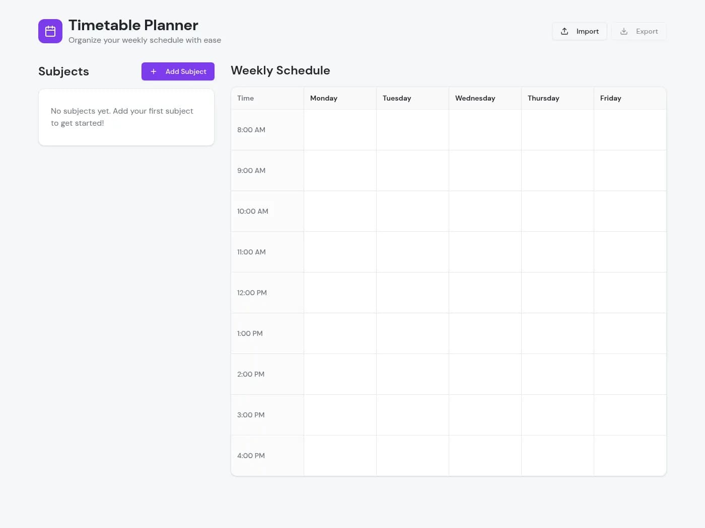 Timetable Planner for 10 Subjects
