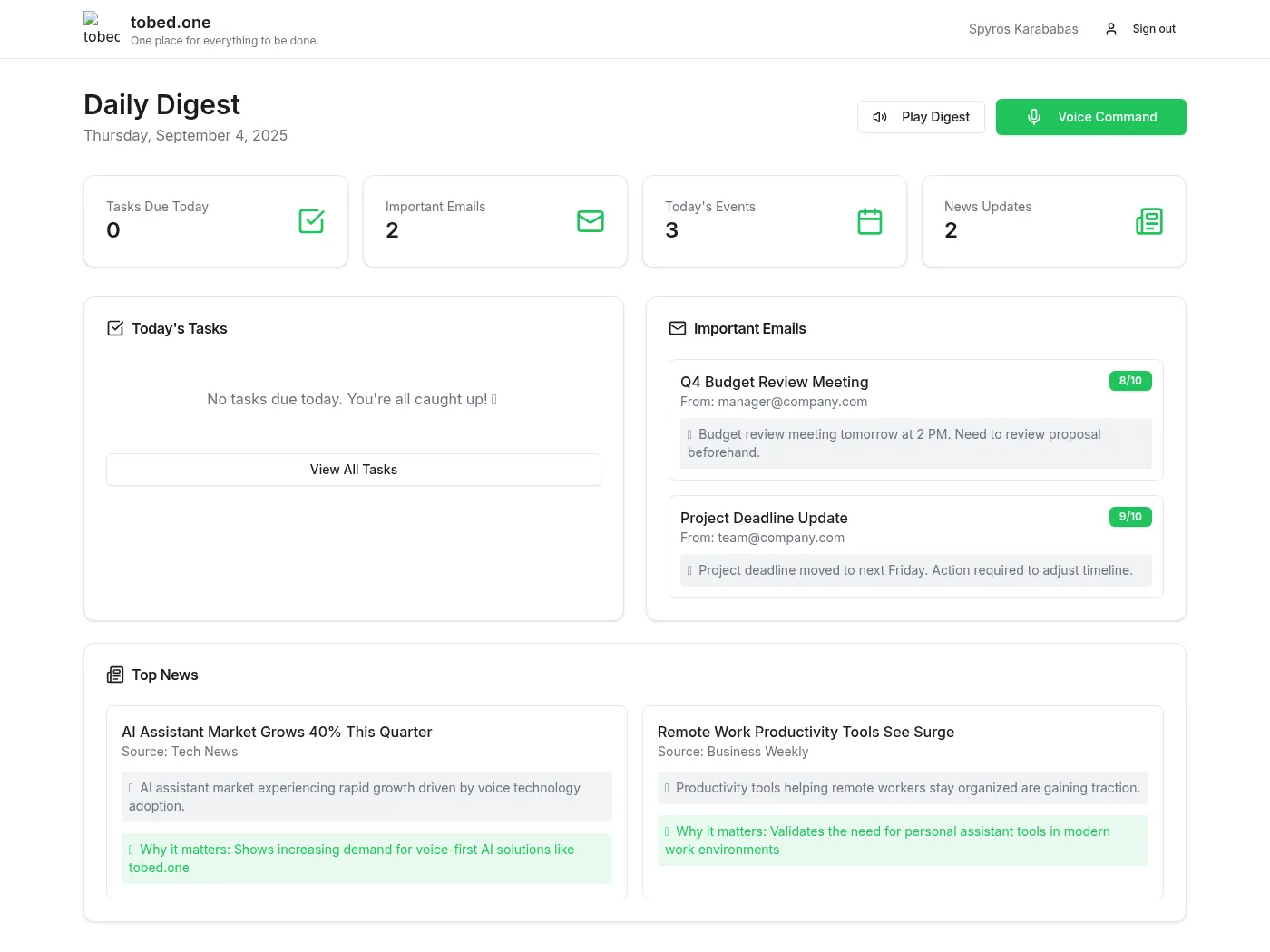 tobed.one – Voice-First AI Personal Assistant for Tasks, Calendar, Email & News