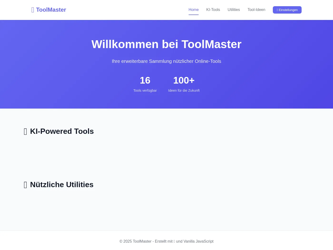 ToolMaster: Erweiterbare Hilfswebsite mit Vanilla JavaScript und KI-Tools