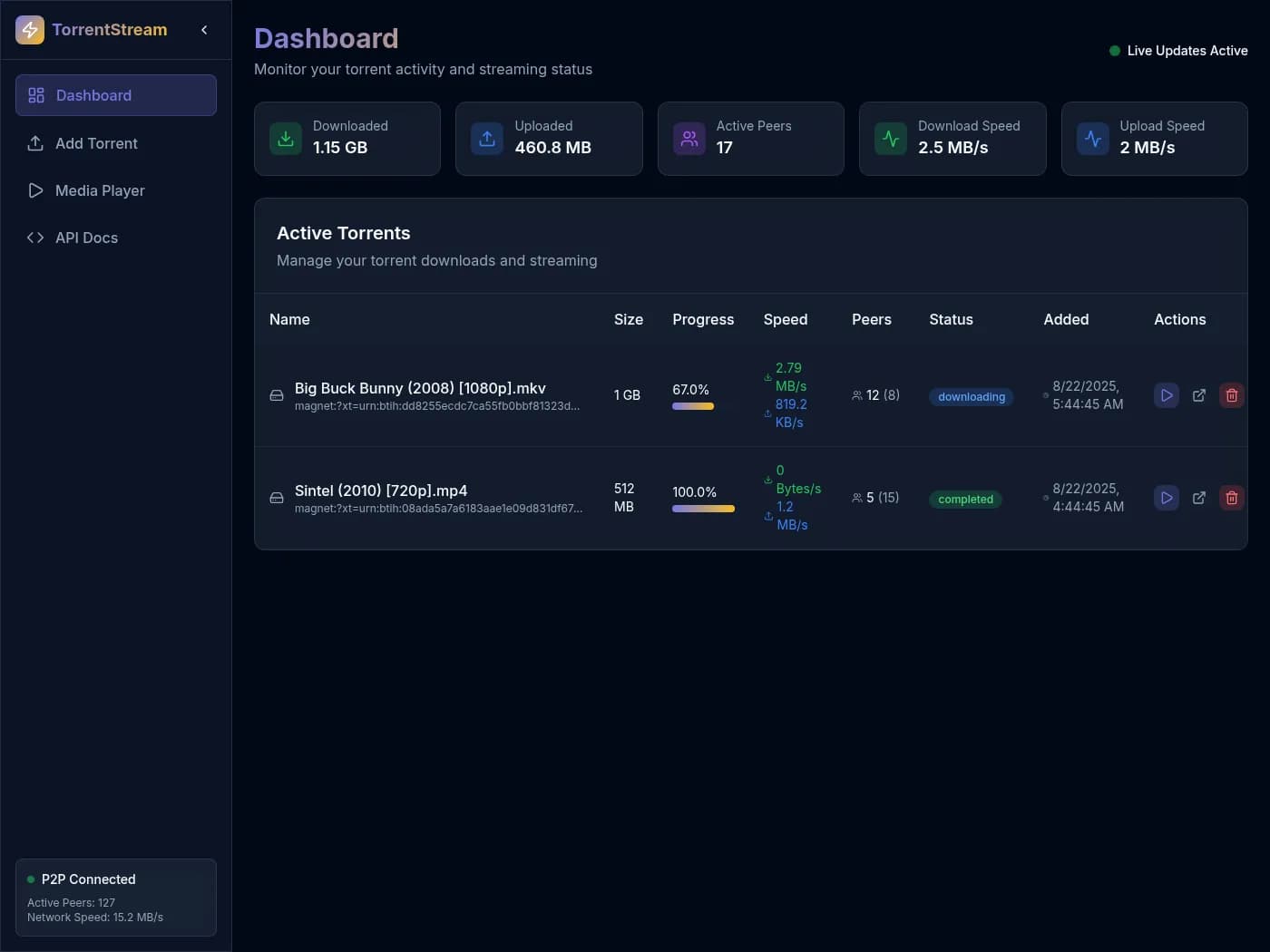 TorrentStream Web App with Real-Time Dashboard & Media Player