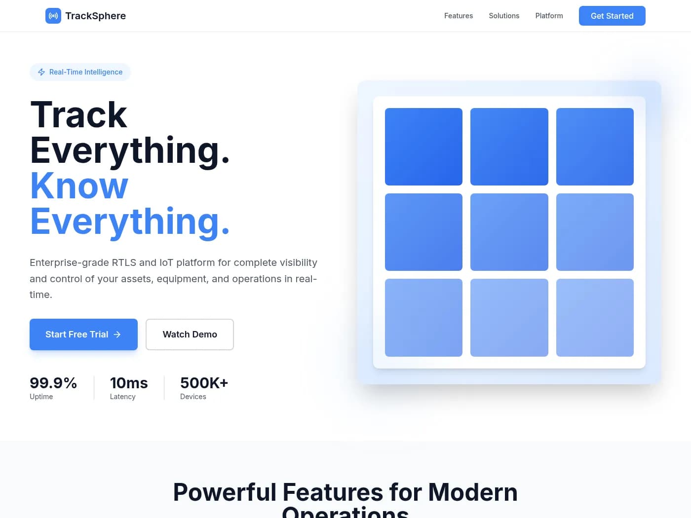 TrackSphere Landing Page - RTLS and IoT Management Platform