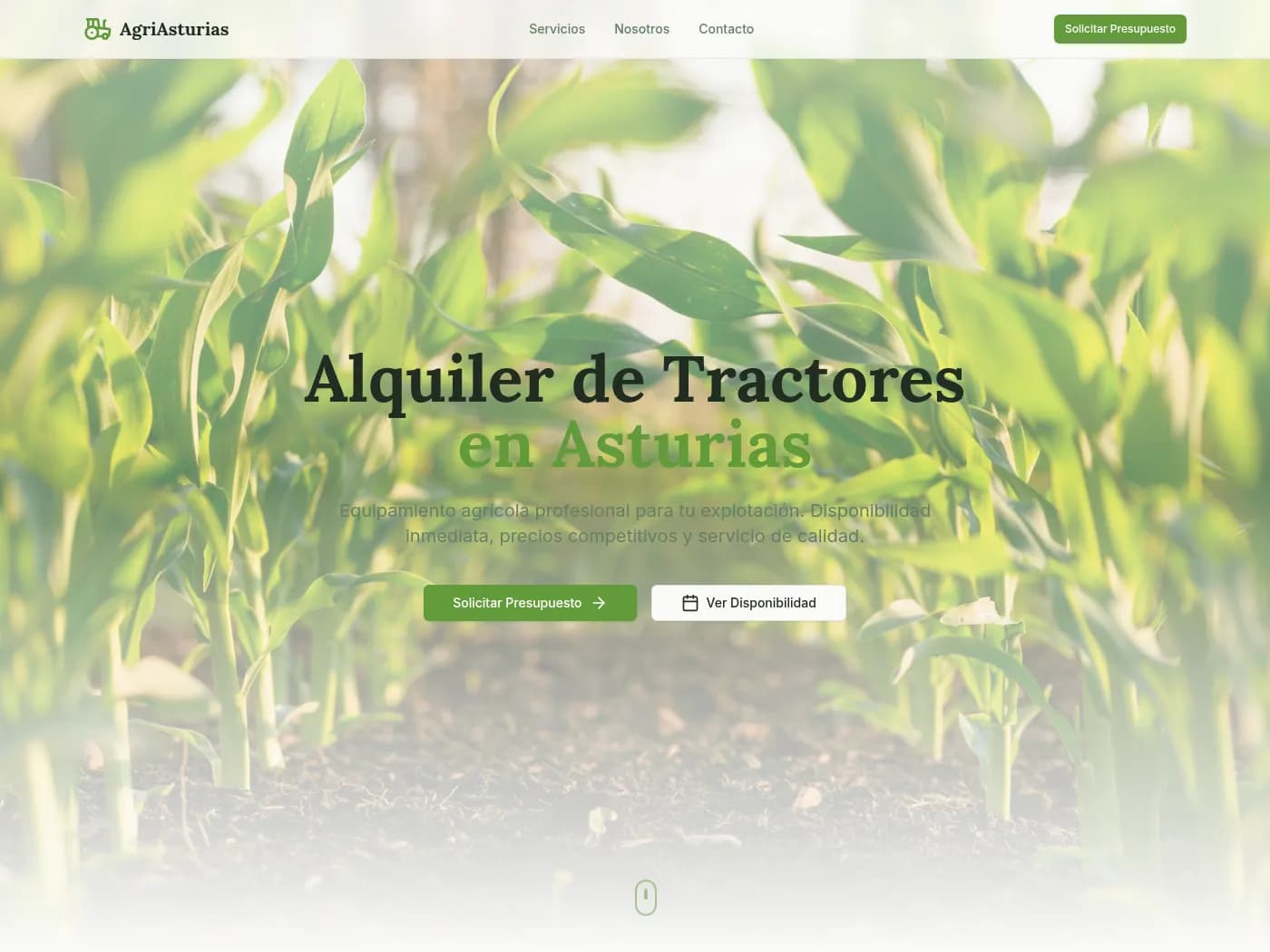 Minimal Tractor Rental Website for Asturias Agriculture