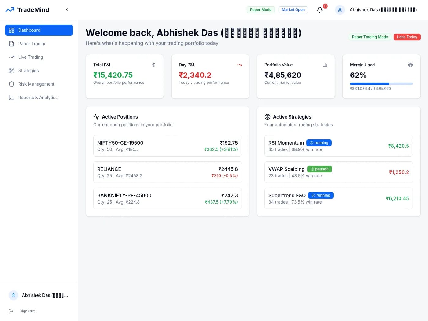 TradeMind: AI-Powered Multi-Segment Paper & Live Trading SaaS Platform
