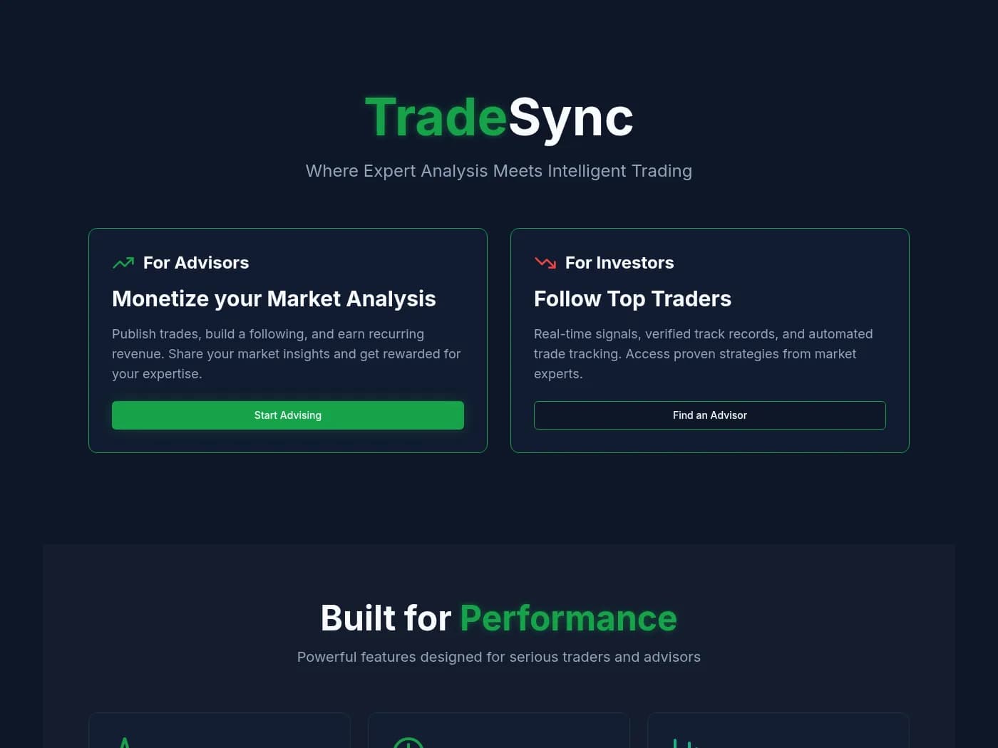 TradeSync Fintech Landing Page – Modern, High-Trust Platform with Sleek Dark Mode Design